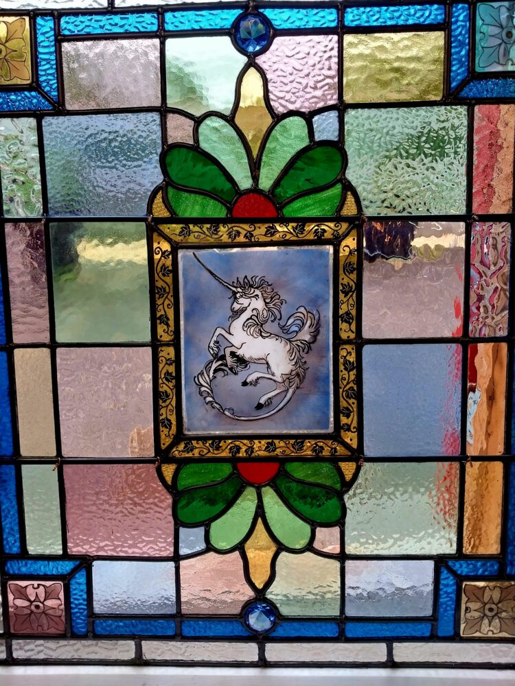 Stained glass unicorn window